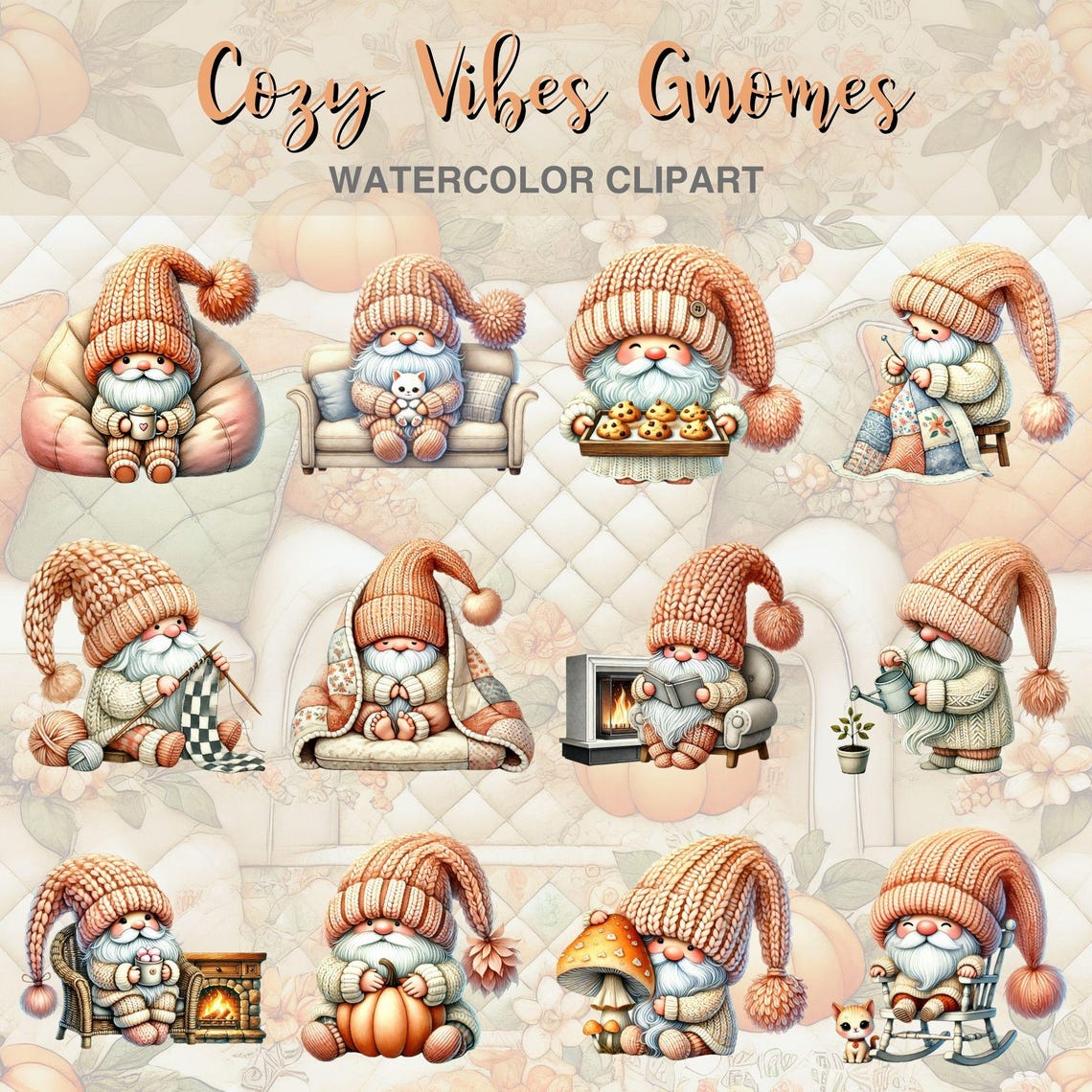 Cozy Vibes Autumn Gnome Watercolor Clipart Collection for Fall Decor ...