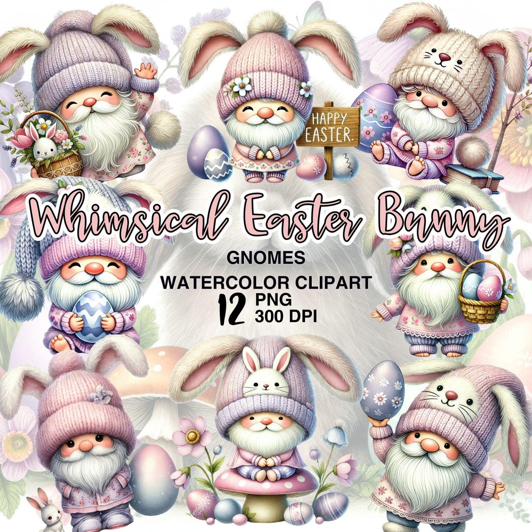 Whimsical Easter Bunny Gnomes Watercolor Clipart. 12 Cute Easter Gnomes ...