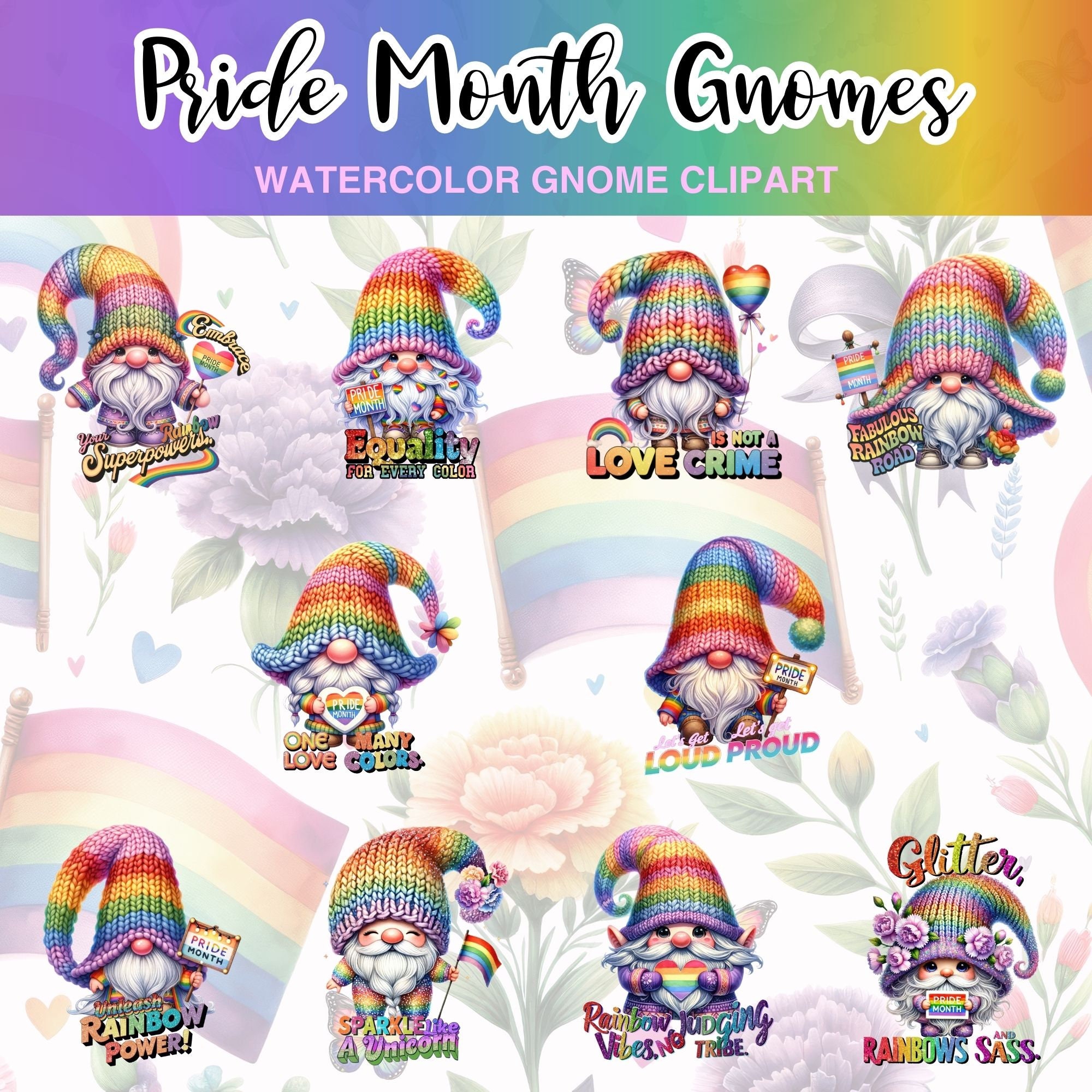 Watercolor Pride Month Celebration Gnomes With Sayings Clipart. 20 PNG ...