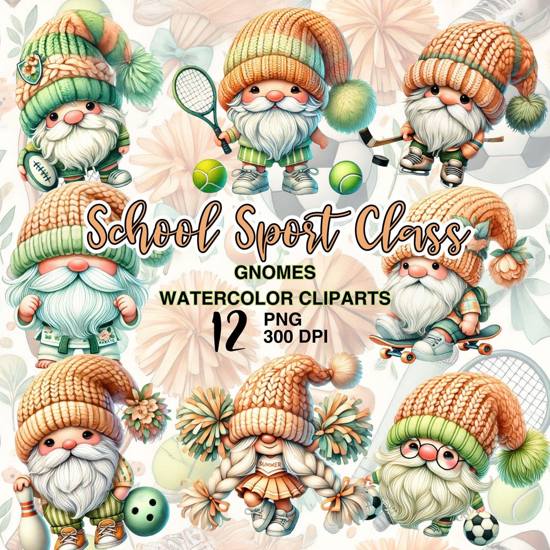 Watercolor Back to School Sporty Gnomes Clipart. 12 Gym Class Gnomes ...