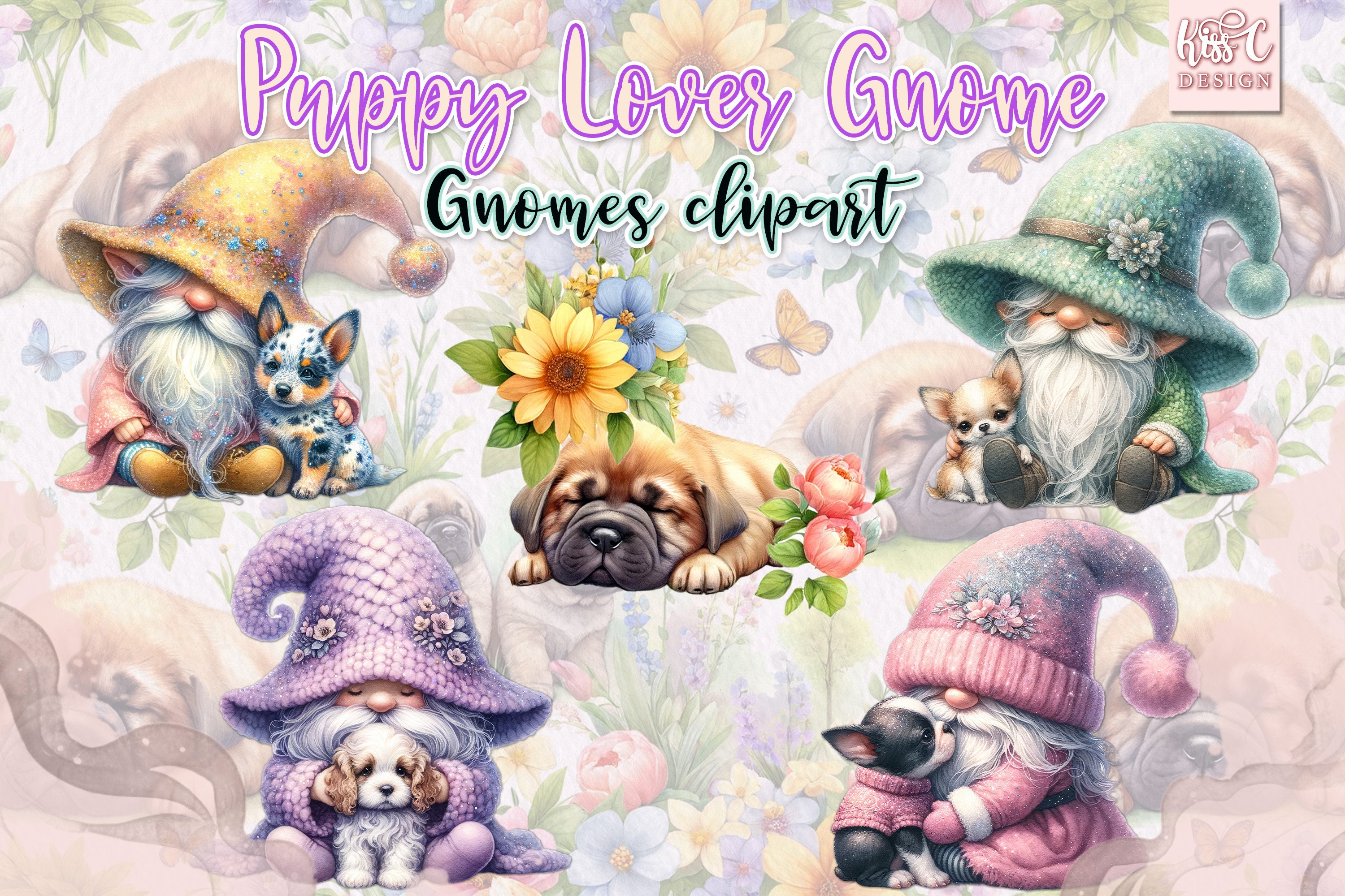 Watercolor Spring Puppy Gnomes Clipart. Printable Puppy Gnome ...