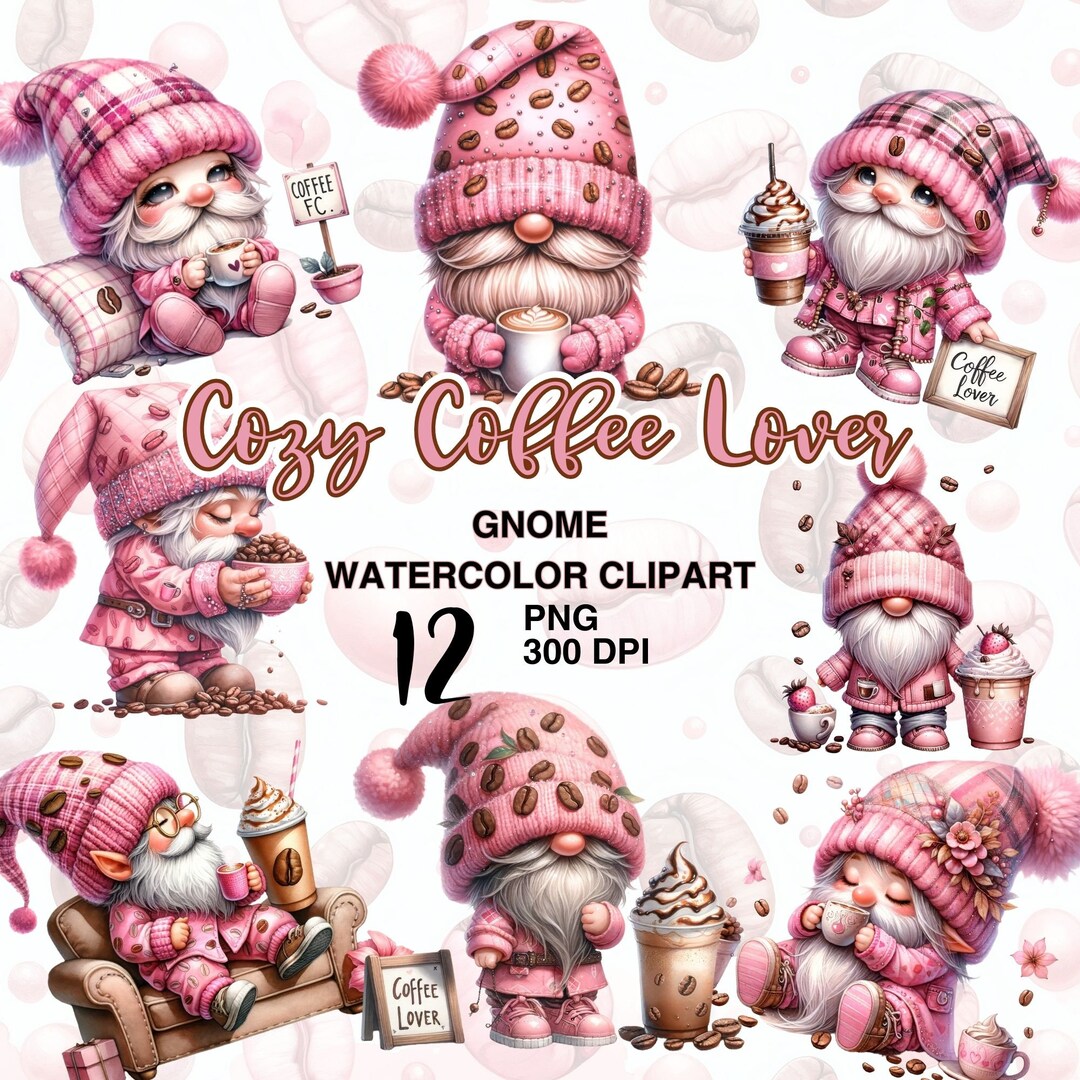 Watercolor Cozy Coffee Lover Gnomes Collection. Coffee Gnome PNG Bundle ...