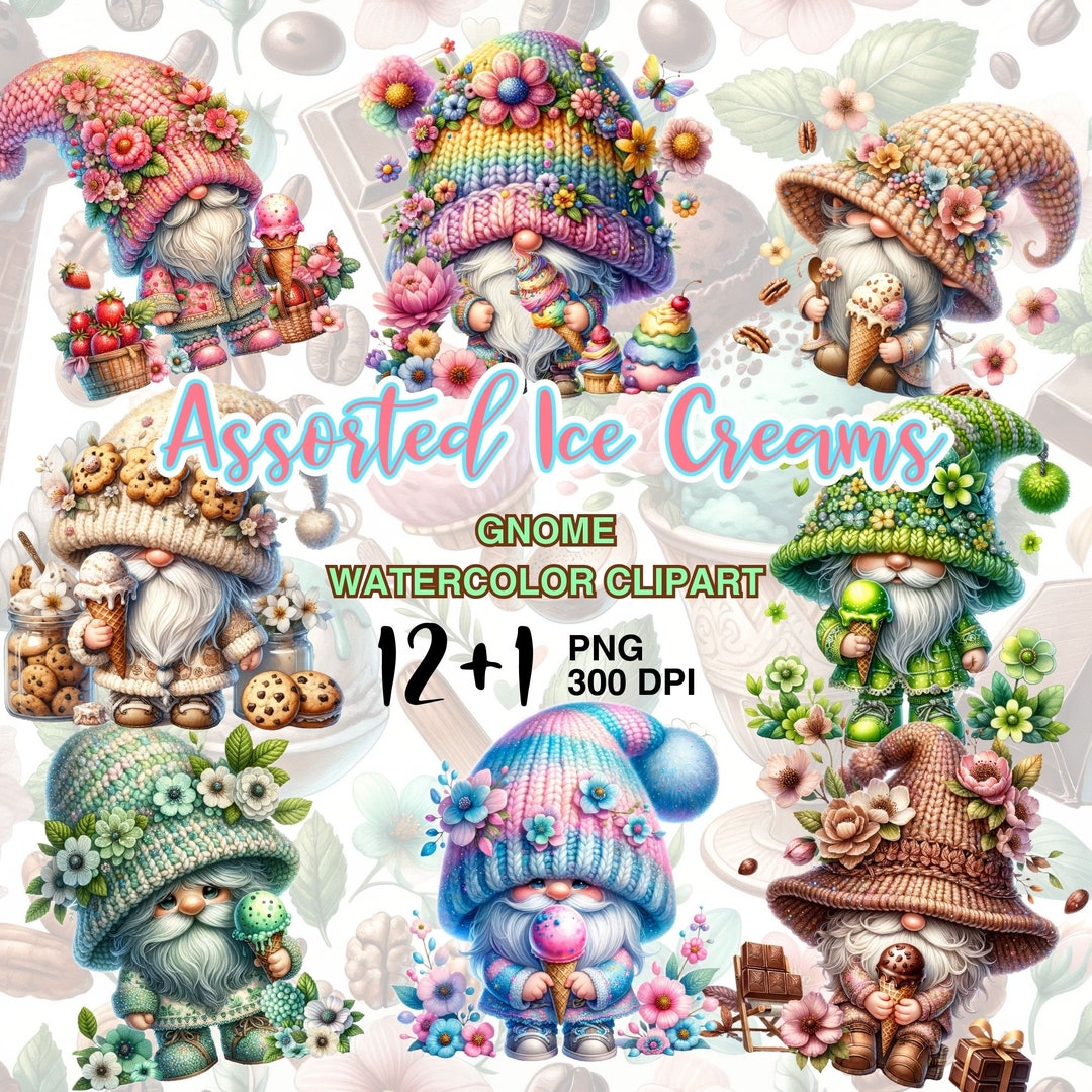 Watercolor Assorted Ice Cream Gnomes PNG Clipart. Gnome PNG Bundle ...