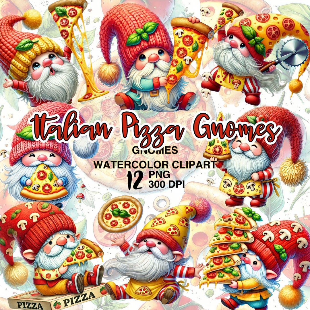 Whimsical Pizza Gnomes Clipart Bundle. 12 Italian Pizza Gnomes ...