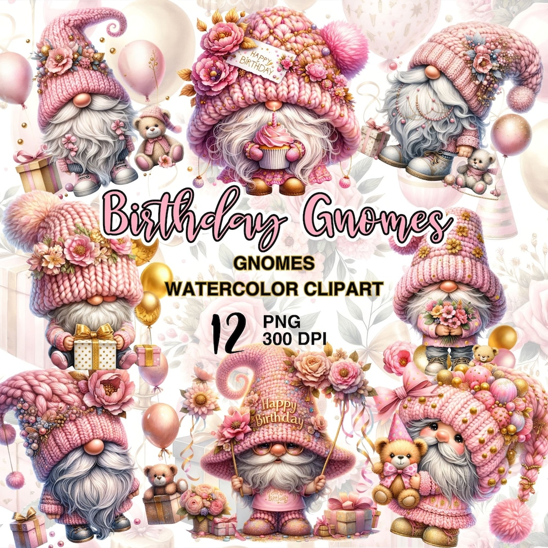 Watercolor Birthday Day Gnomes Clipart. 12 PNG Printable Gnomes. Cute ...