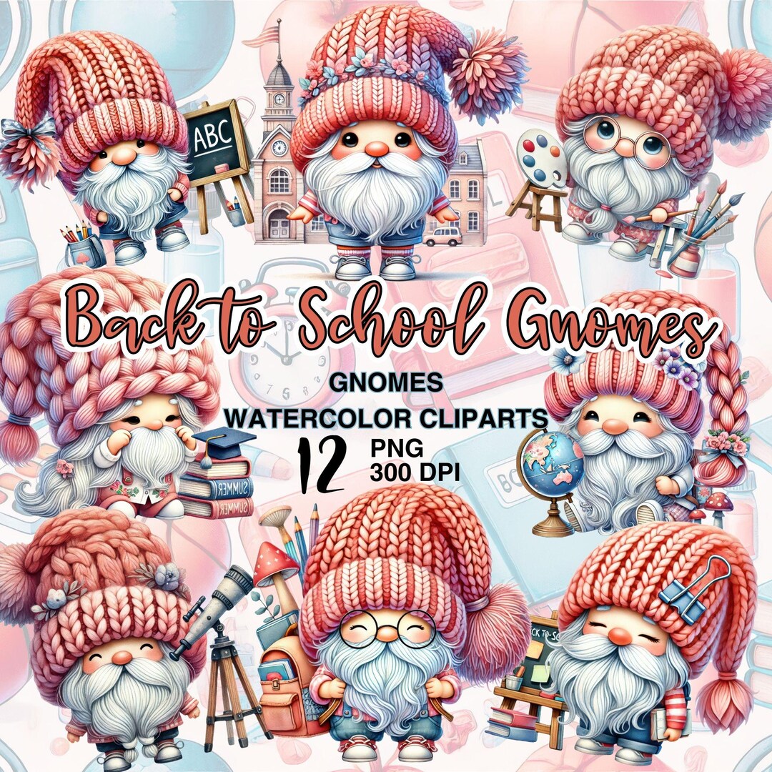 Watercolor Back to School Gnomes Clipart. 12 PNG Printable Gnomes. Cute ...