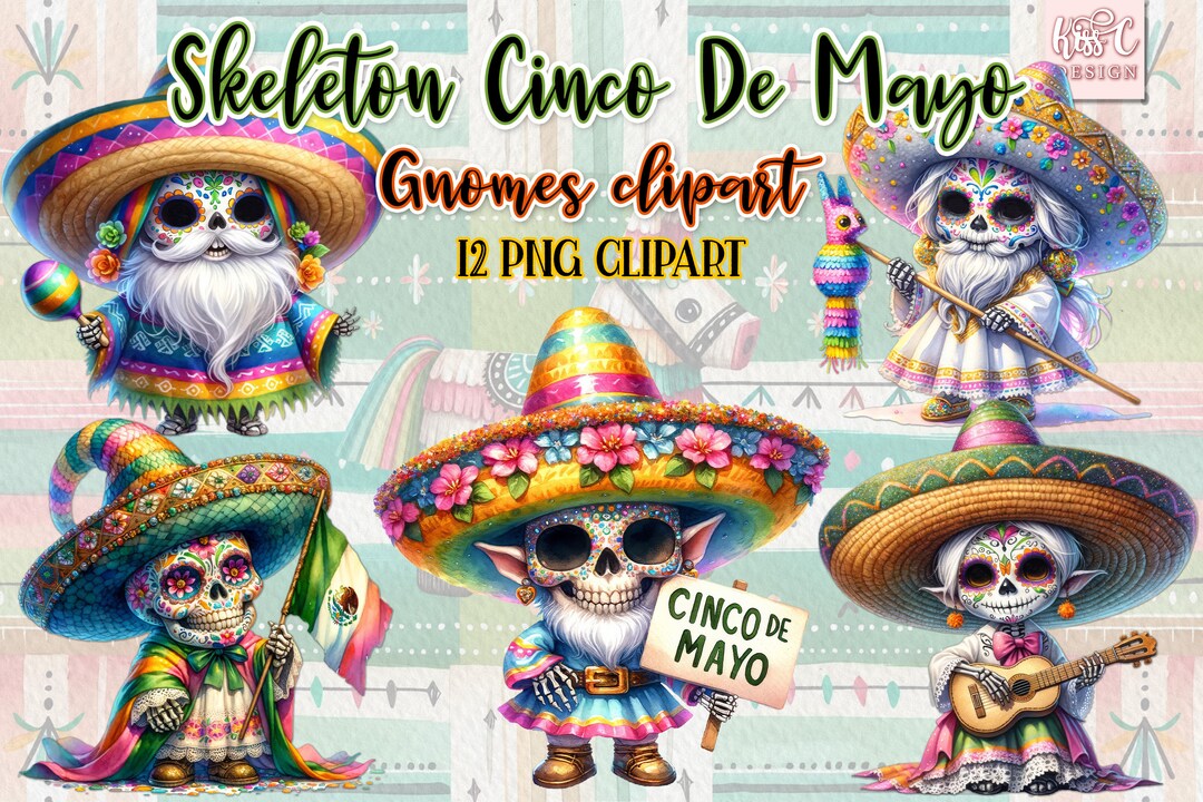 Watercolor Skeleton Cinco De Mayo Gnomes Clipart. Printable Gnome ...
