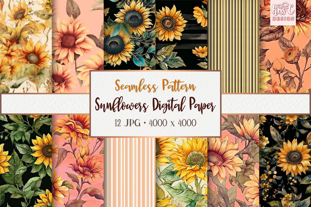 Sunflower Digital Paper Set Printable Seamless Floral Patterns for ...