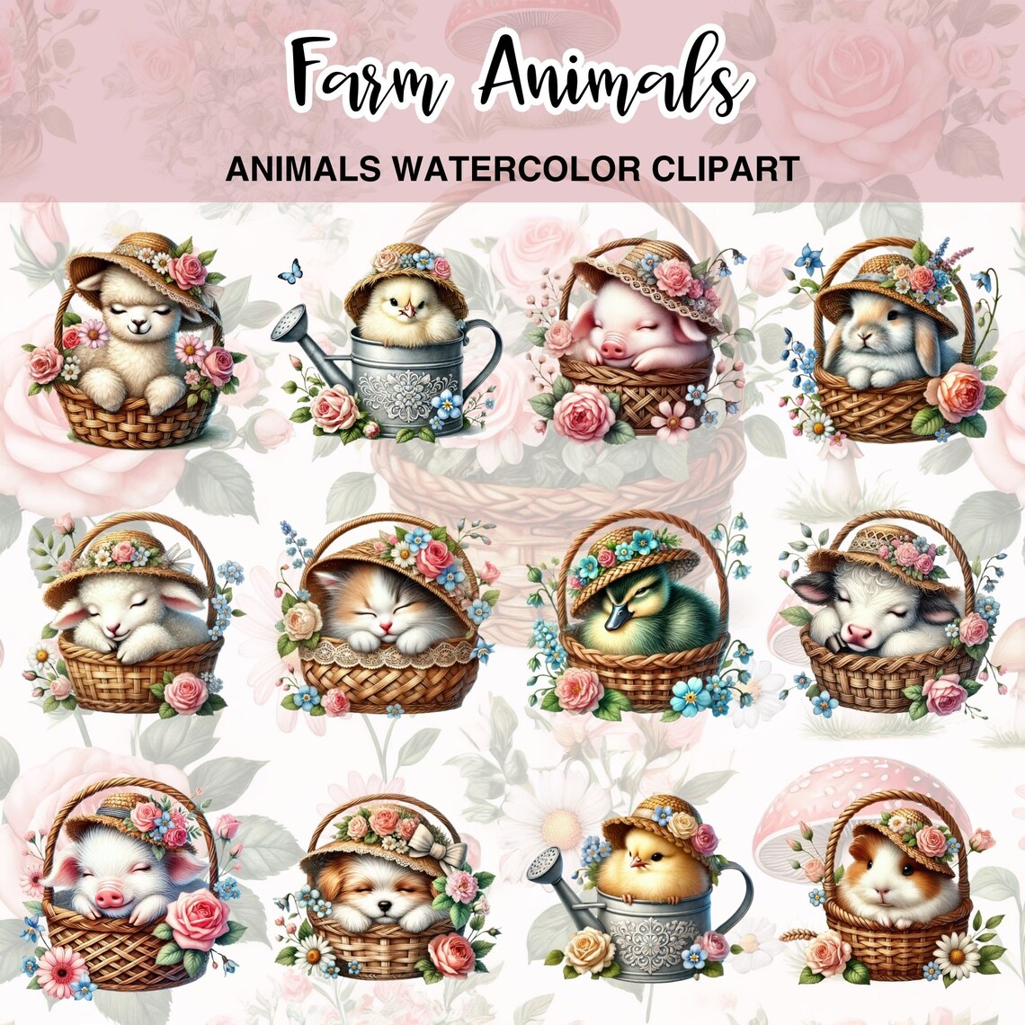 Watercolor Whimsical Farm Animals Clipart. 12 Farm Animal Prints PNG ...