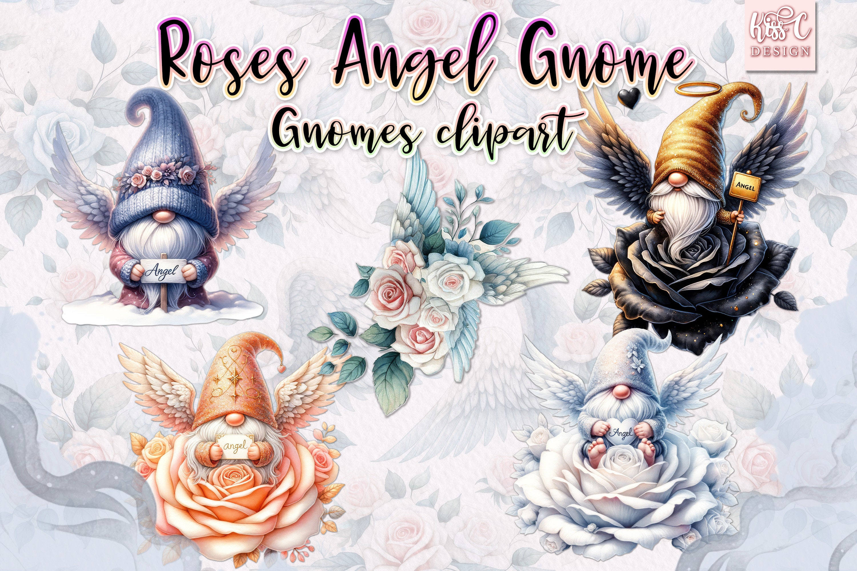 Watercolor Roses Angel Gnomes PNG Clipart. Gnome PNG Bundle. Spring ...