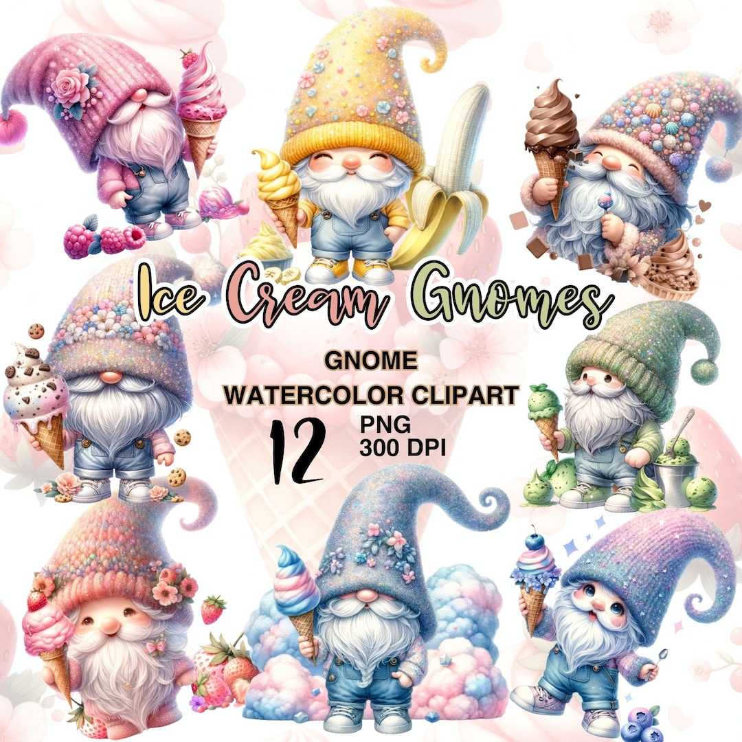 Watercolor Ice Cream Gnomes Clipart Set: 12 PNG Printable Gnomes. Cute ...