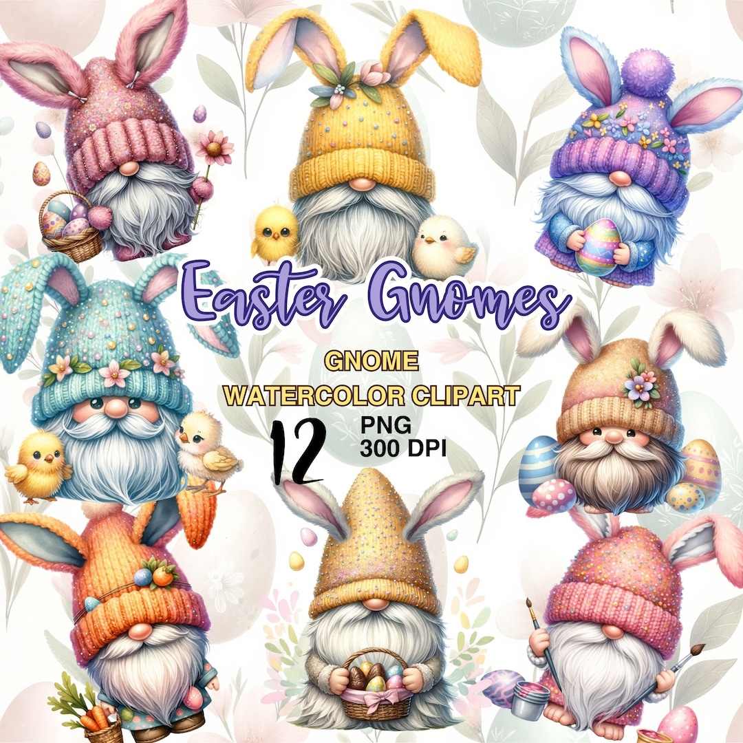 Watercolor Cute Easter Gnomes Clipart Collection. 12 PNG Printable ...