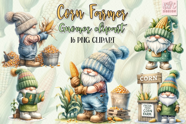 Watercolor Corn Farmer Gnomes PNG Clipart. Gnome PNG Bundle. Farmer ...