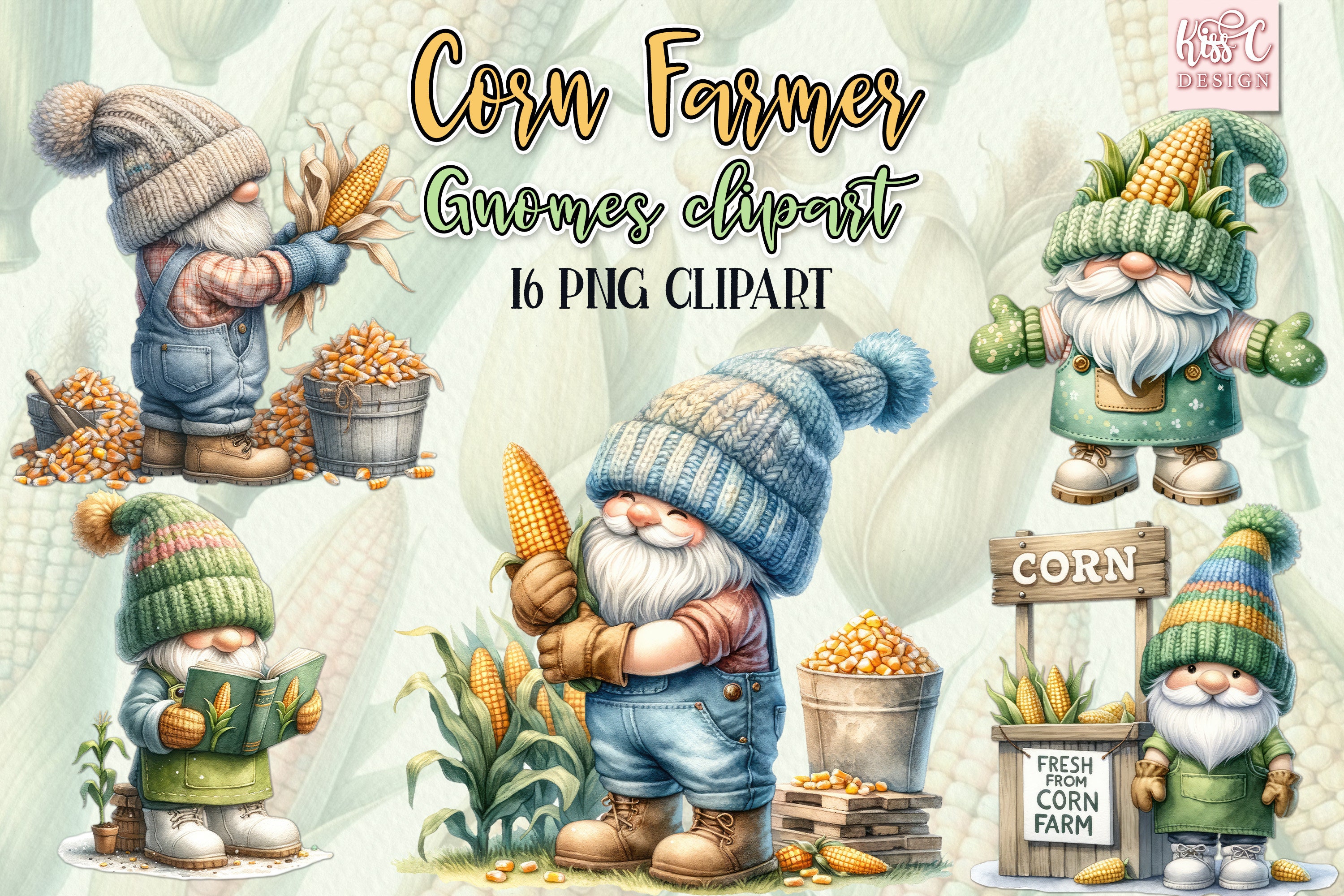 Watercolor Corn Farmer Gnomes PNG Clipart. Gnome PNG Bundle. Farmer ...