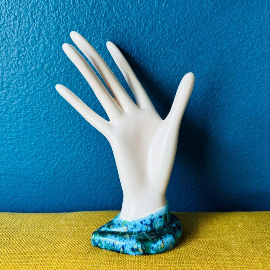 Vintage Porcelain Hand Ring Holder Ceramic Blue Glaze Sculpture Anatomy ...