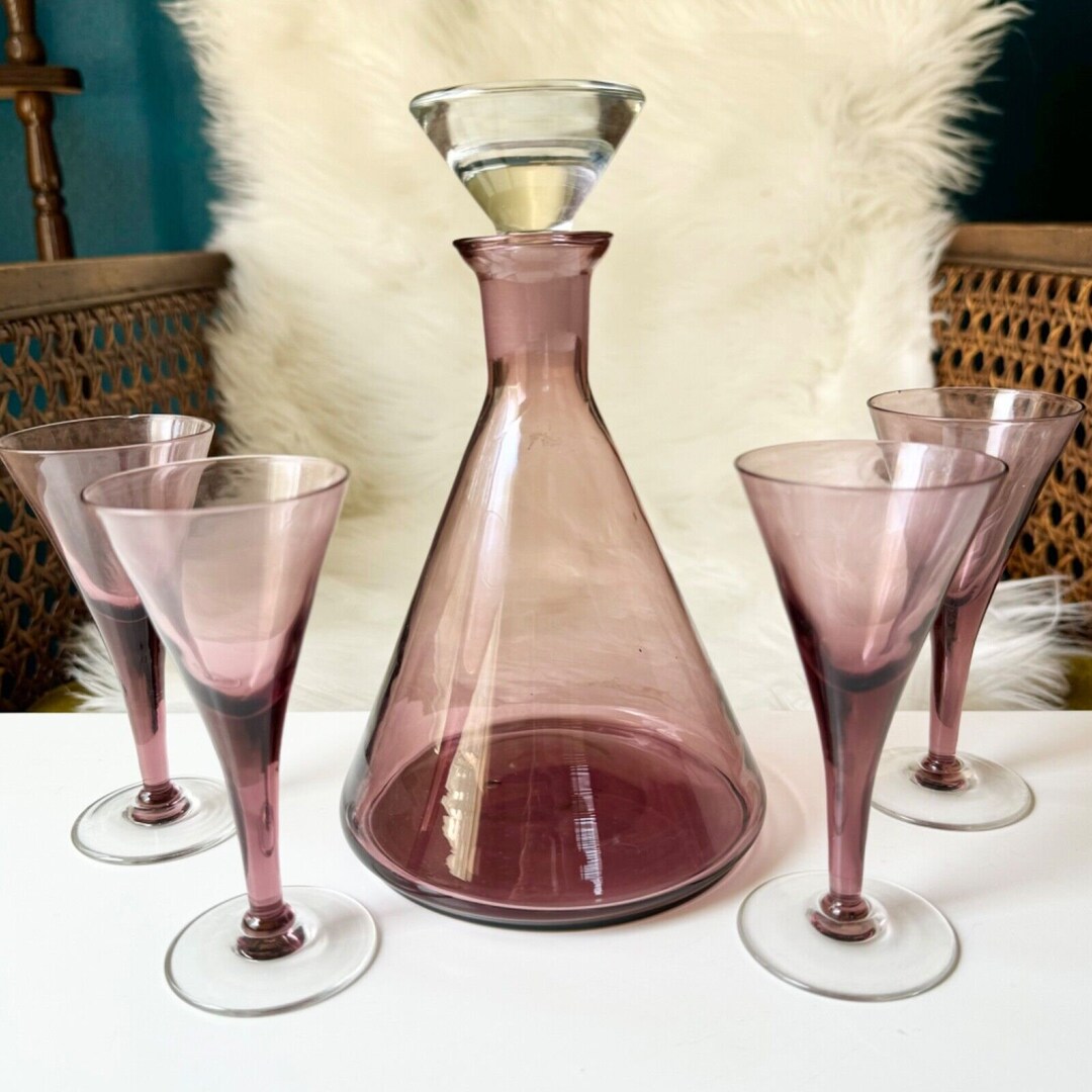 Vtg Italian Amethyst Glass Cordial Sherry Decanter Glasses Set MCM ...