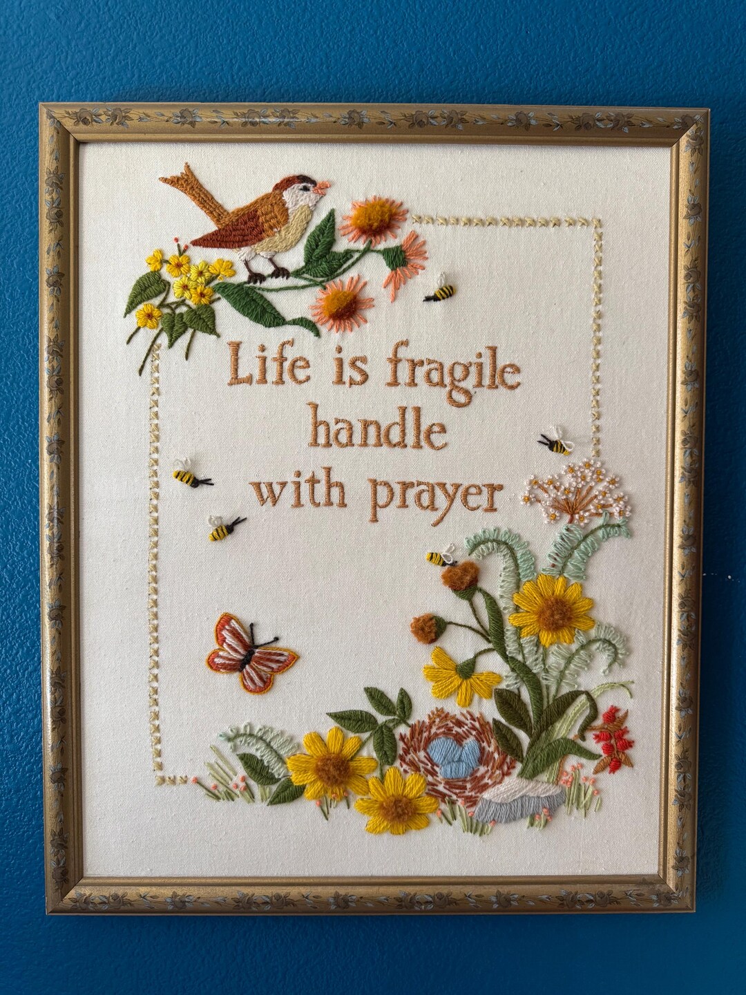 Vintage Life is Fragile by the Creative Circle Wood Frame Crewel ...