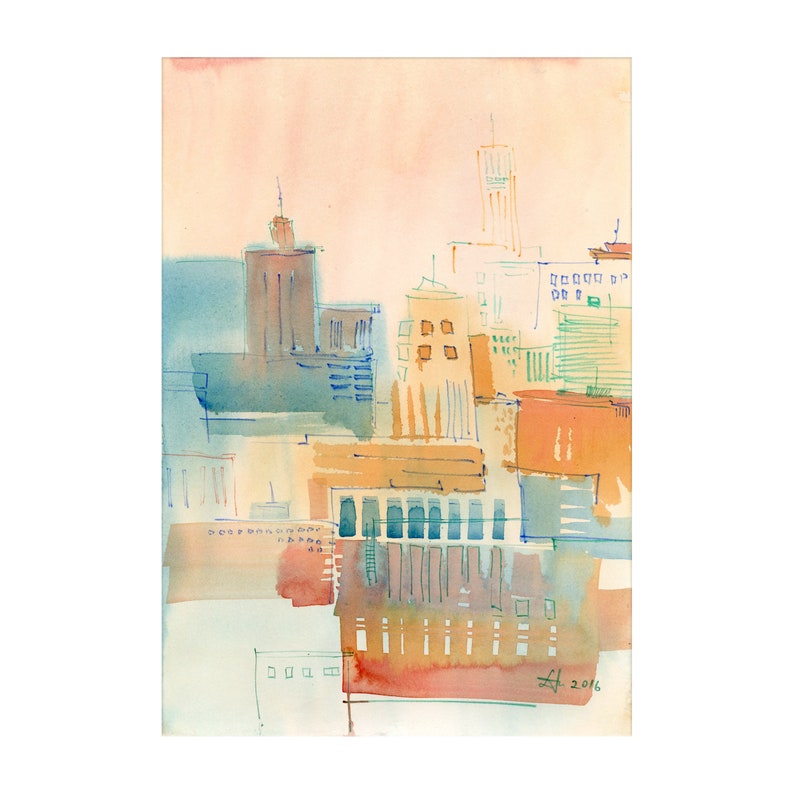 Geometric City Watercolor Painting/ Original Mixed Media City View ...
