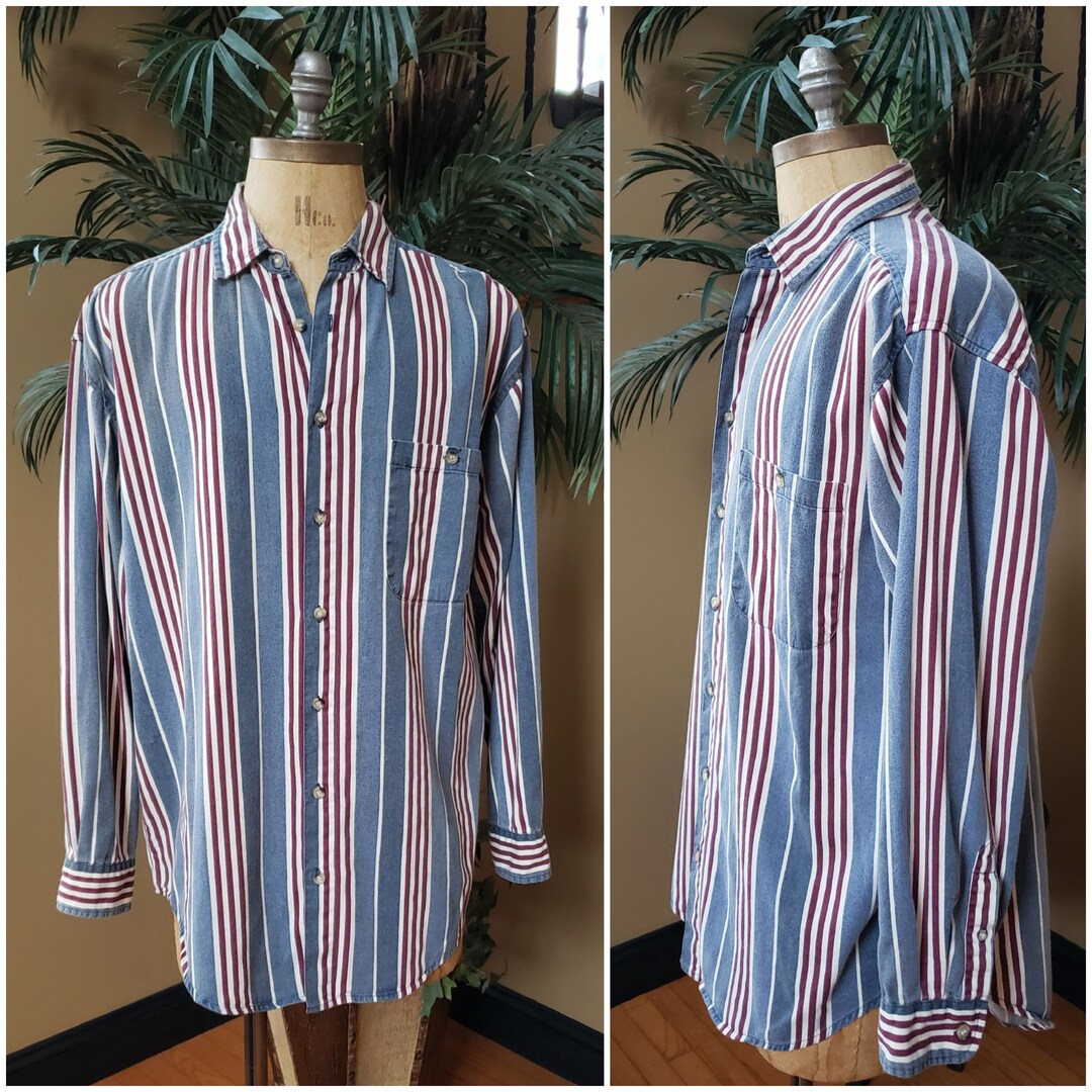 Vintage 80's 90's Button up Shirt Long Sleeve Striped FADED GLORY Red ...
