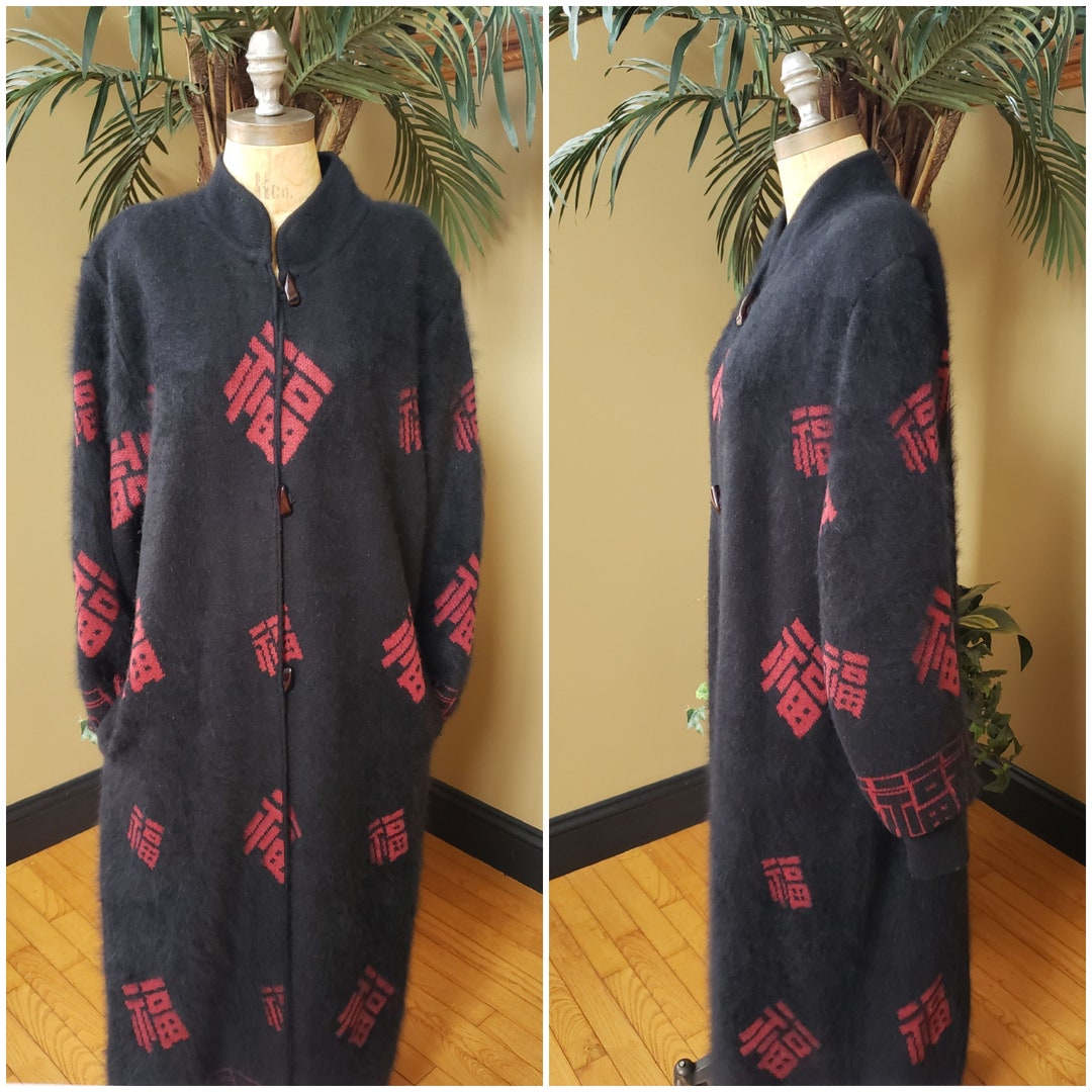 Vintage Red Black Long Angora Wool Coat_asian Inspired_abstract_fuzzy ...