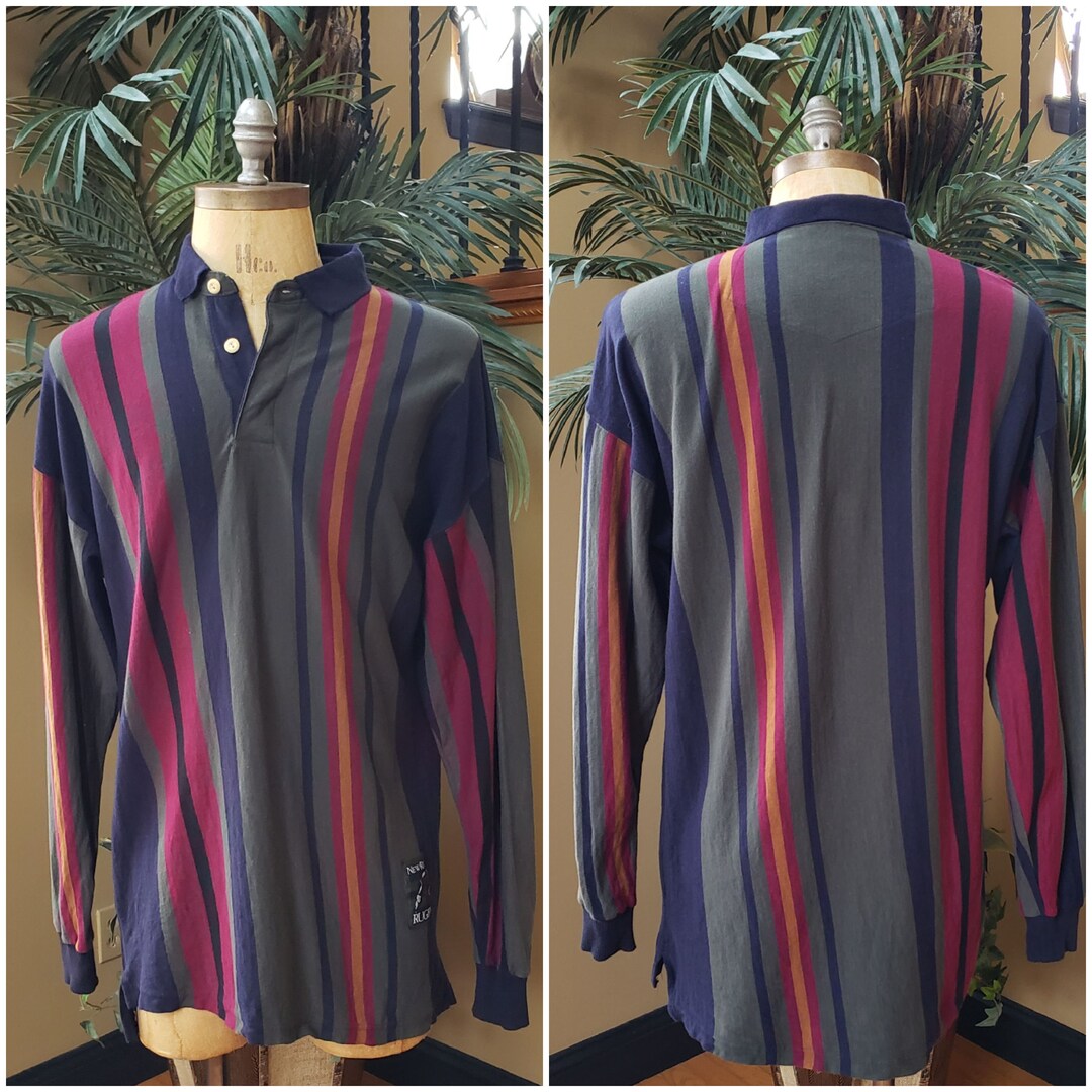 Vintage Striped Long Sleeve NEW RIVER RUGBY Shirt Polo Navy Blue ...