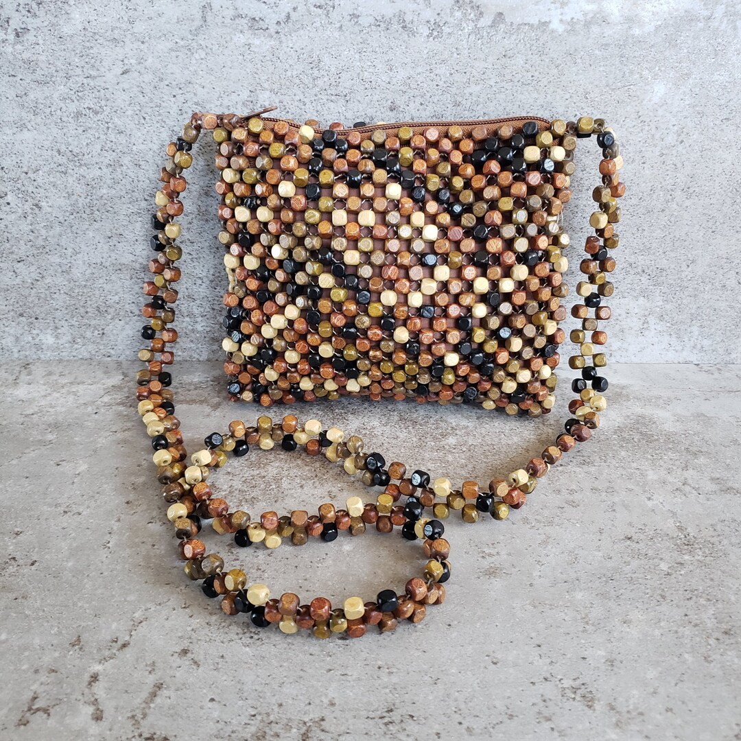 Vintage Small Wooden Wood Beaded Purse Shoulder Cross Body Bag Brown ...