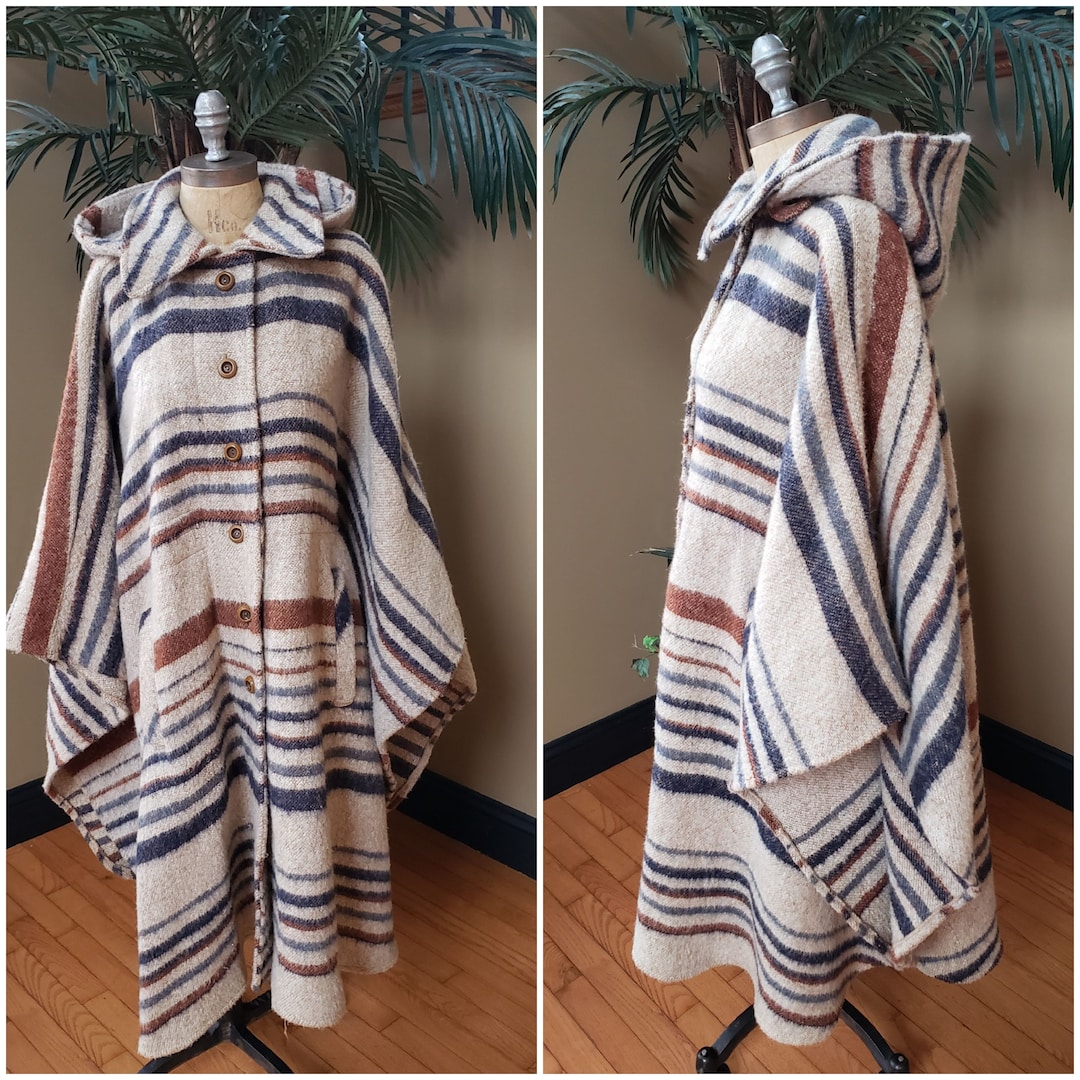 RARE Vintage 70's Wool Poncho Parka Coat_ilgwu Union Made_striped Hood ...
