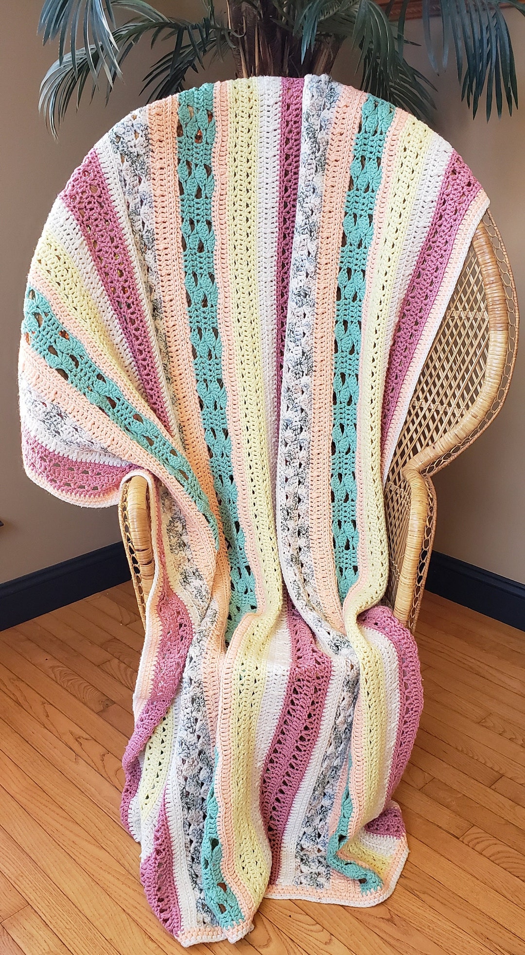 Vintage Striped Pastel Afghan_handmade Blanket Throw_mauve Yellow Sage ...