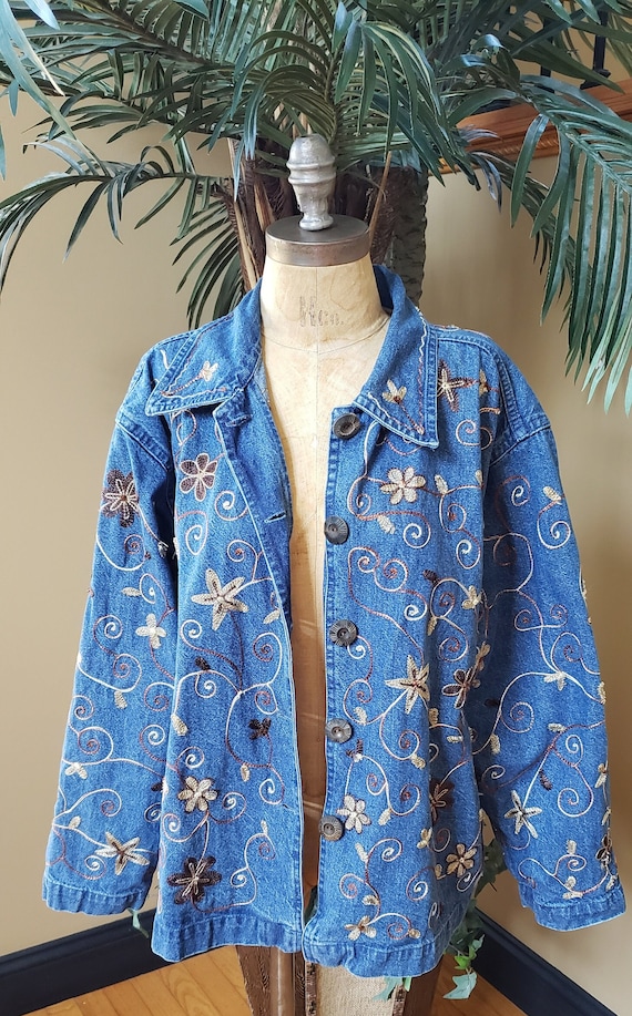 Vintage Embroidered UNITS Jean Jacket Denim Coat Butt… - Gem