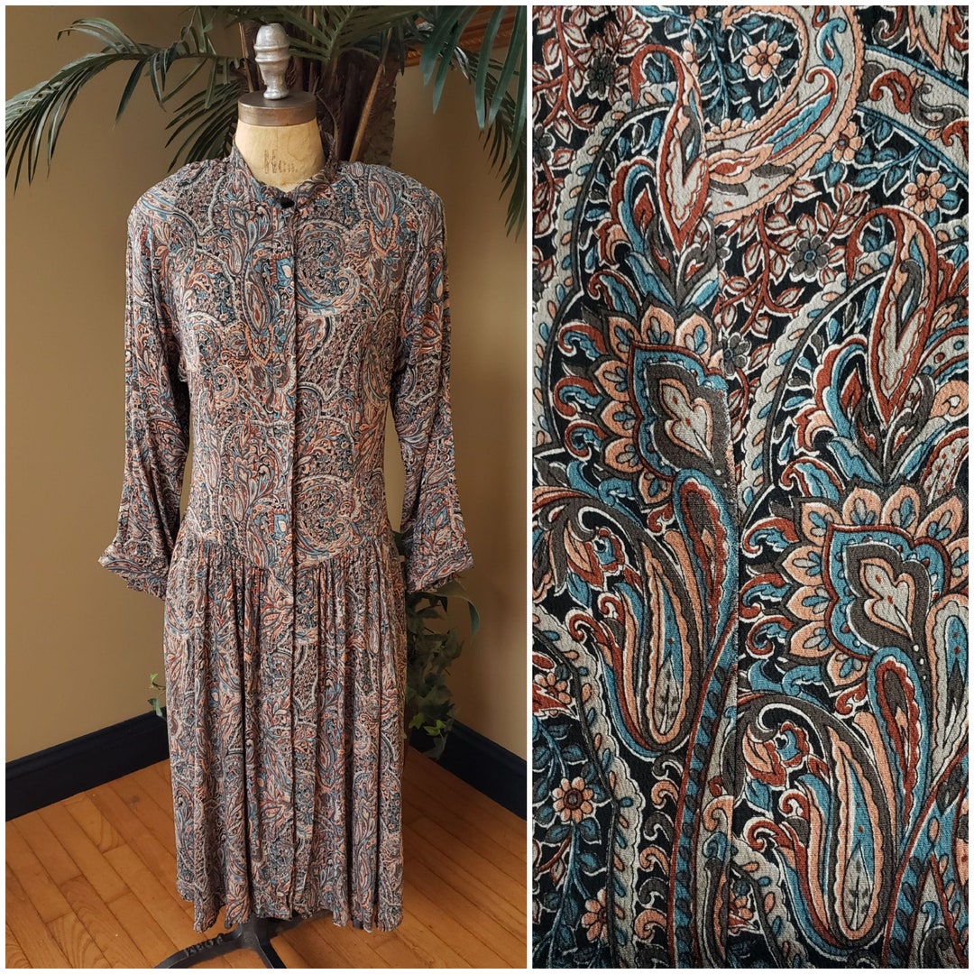 Vintage Fall Floral Paisley Midi Dress ILGWU Union Made TAURUS Earthy ...