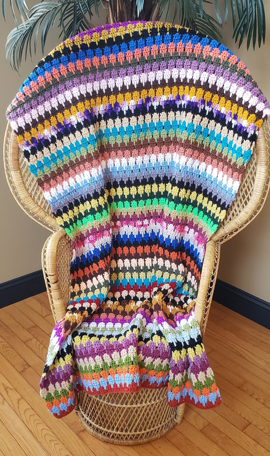 Vintage Mulitcolor Striped Afghan_ Handmade Blanket Throw_rainbow ...
