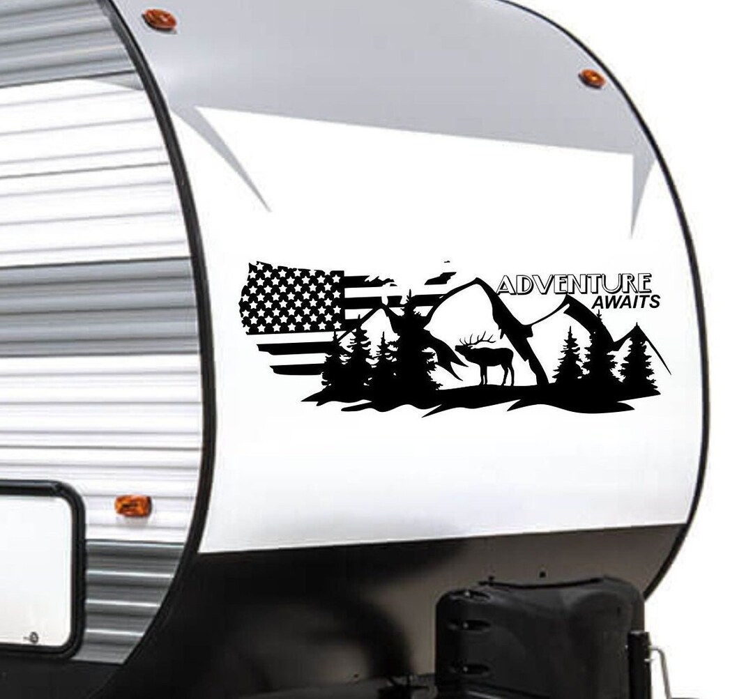RV Camper Decal: American Flag, Deer, Mountains - Adventure Awaits - Etsy
