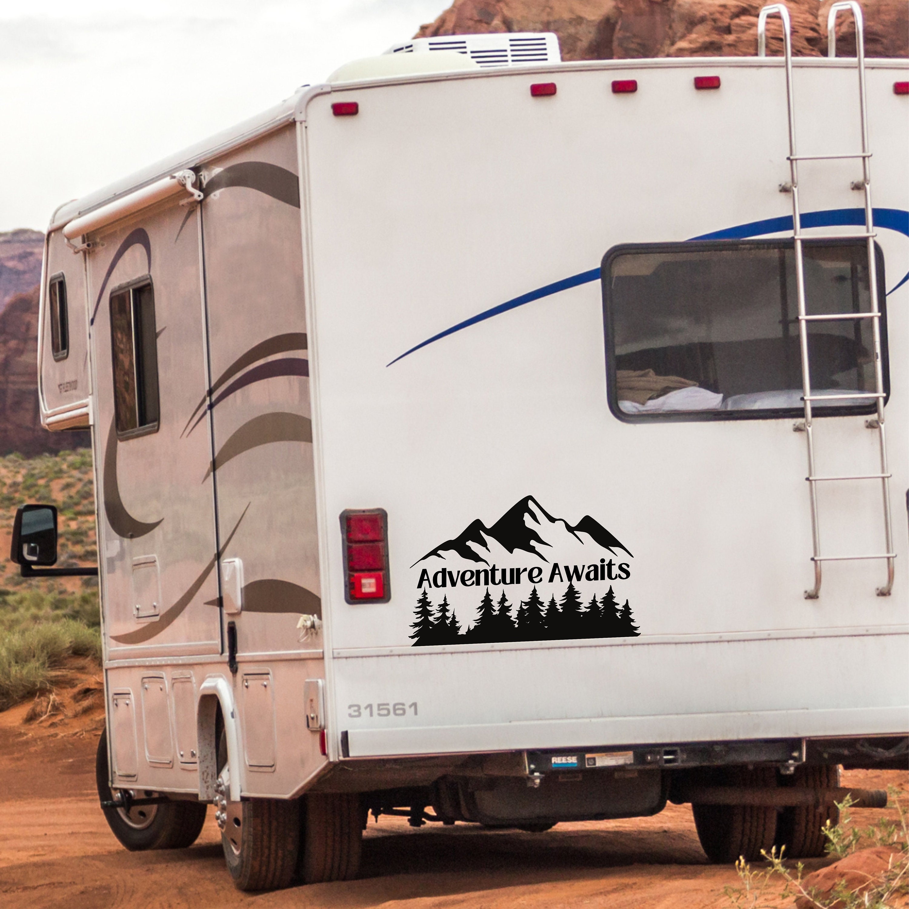 RV Camper Adventure Awaits Vinyl Decal, Mountains Travel Logo Car ...