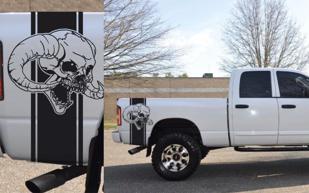 Skull With Horns Stripes Rear Bed Vinyl Racing Graphics, Removable Art ...