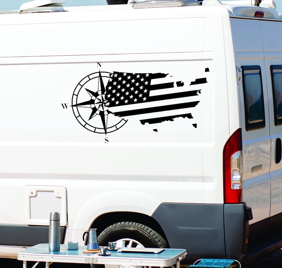 Camper RV Truck Decal, Compass Rose, American Flag USA Camping Sticker ...