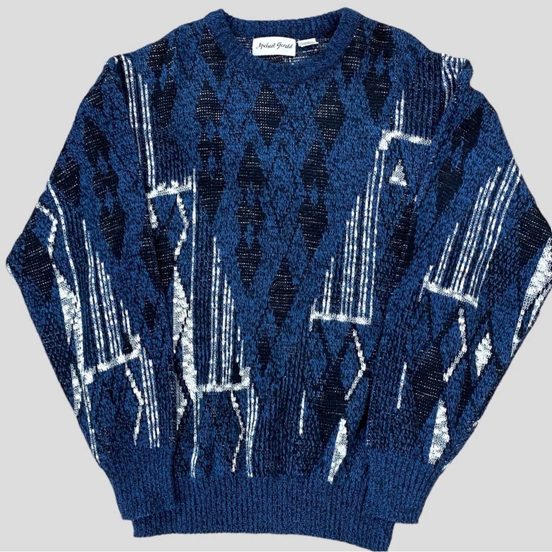 Vintage Michael Gerald Blue Black White Funky Grandpa Sweater XL - Etsy