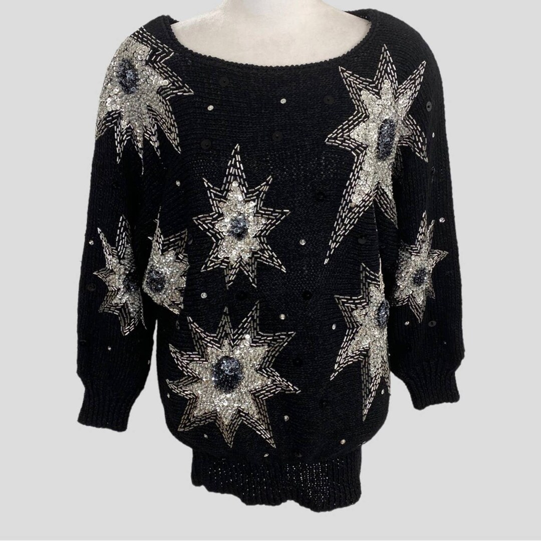 Vintage Nannell Black Silver Beaded Sequin Glam Star Sweater Small - Etsy