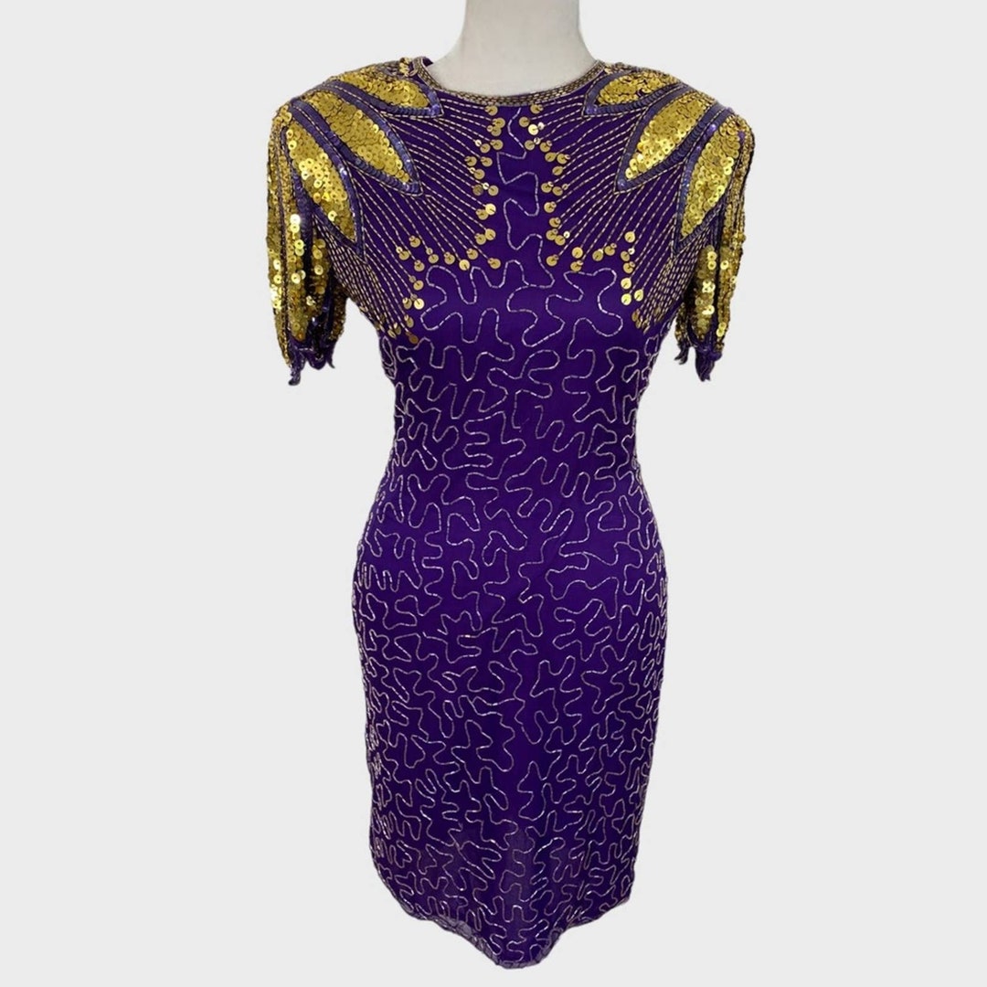 Vintage Scala Purple Gold Fully Beaded Open Back Glam Cocktail Dress ...
