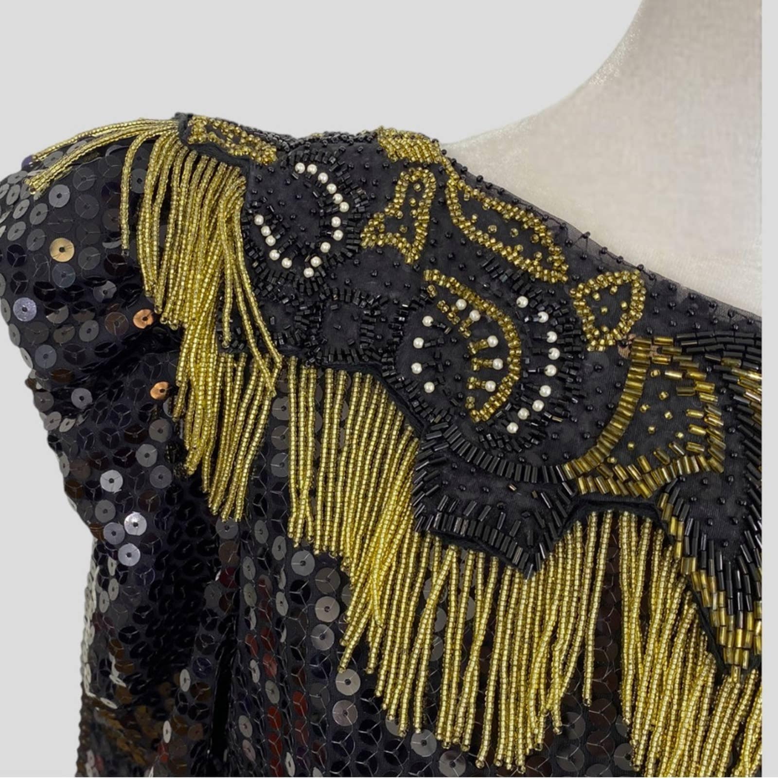 Vintage Alyce Designs Black Sequin Beaded Fringe Puff Shoulder Gown - Etsy