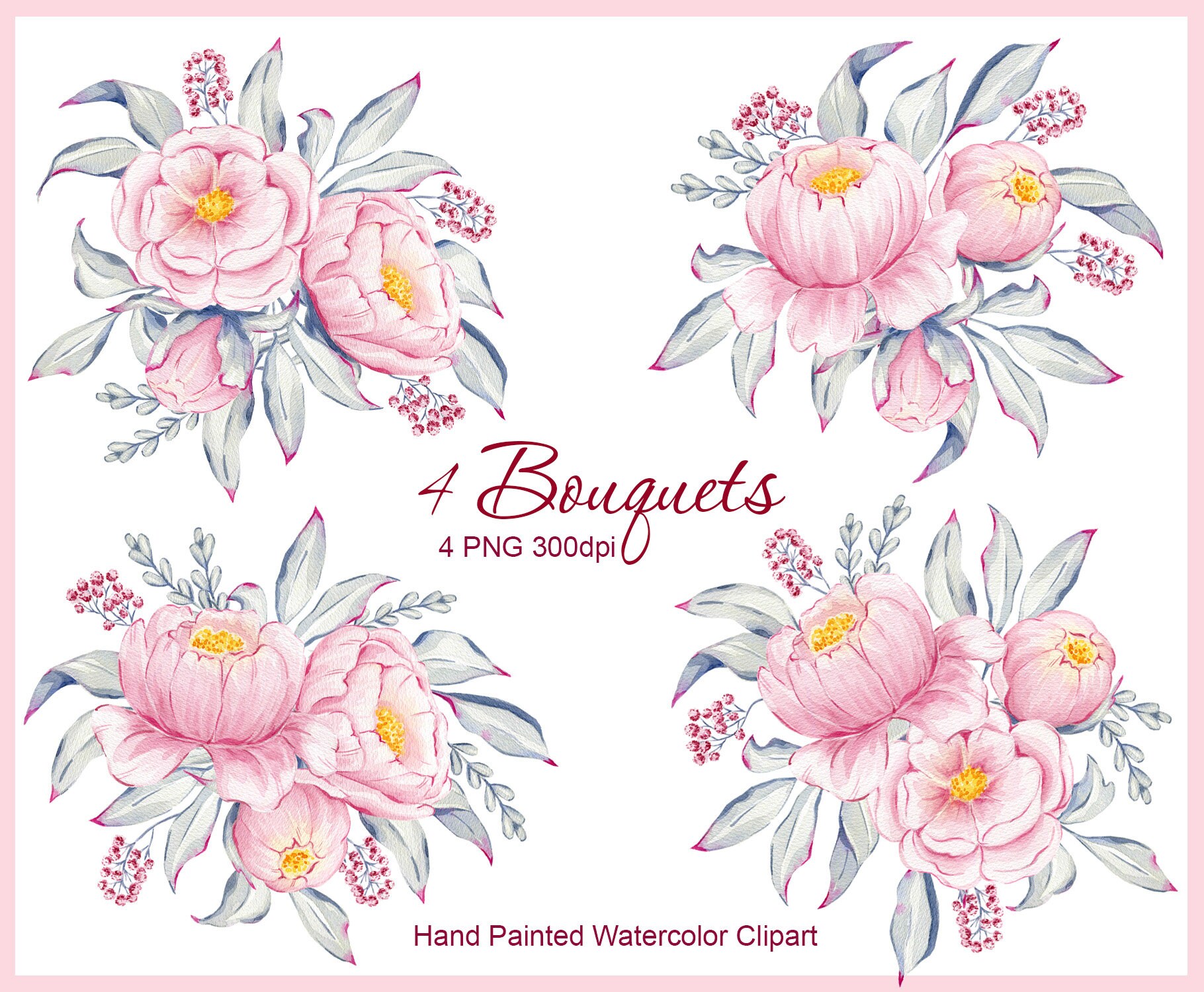 Boho Flower Clipart, Peony Bouquet Watercolor Clipart, Flower / Floral ...