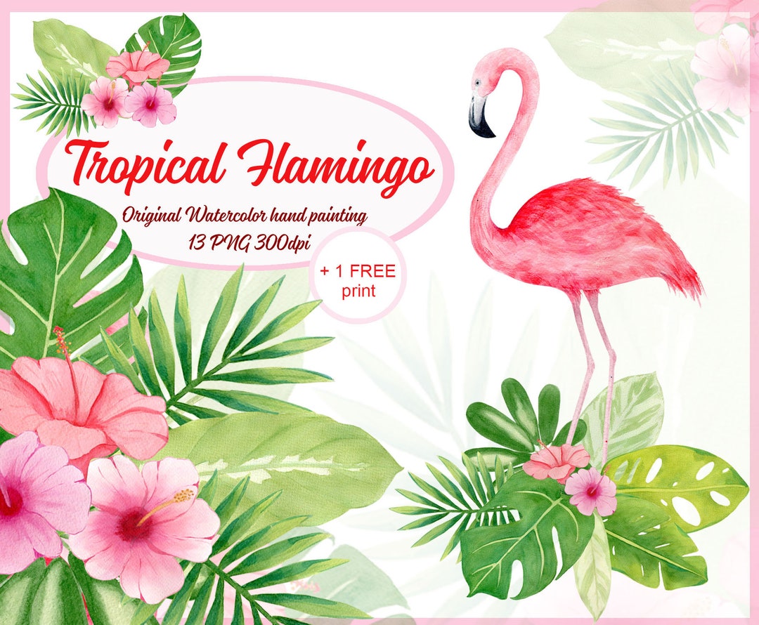 Flamingo Clipart Png, Watercolor Tropical Leaves, Tropical Clip Art PNG ...