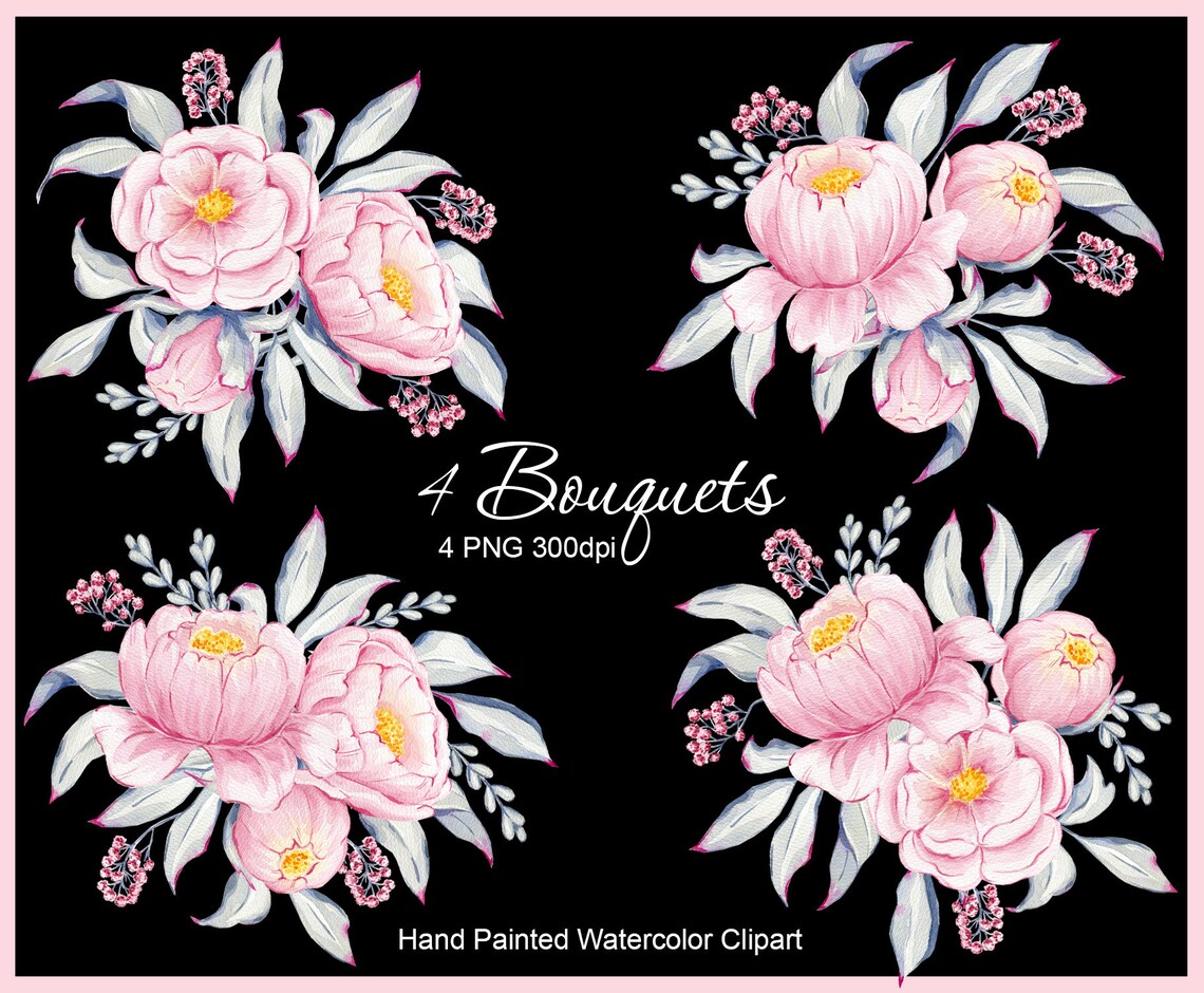 Boho Flower Clipart, Peony Bouquet Watercolor Clipart, Flower / Floral ...