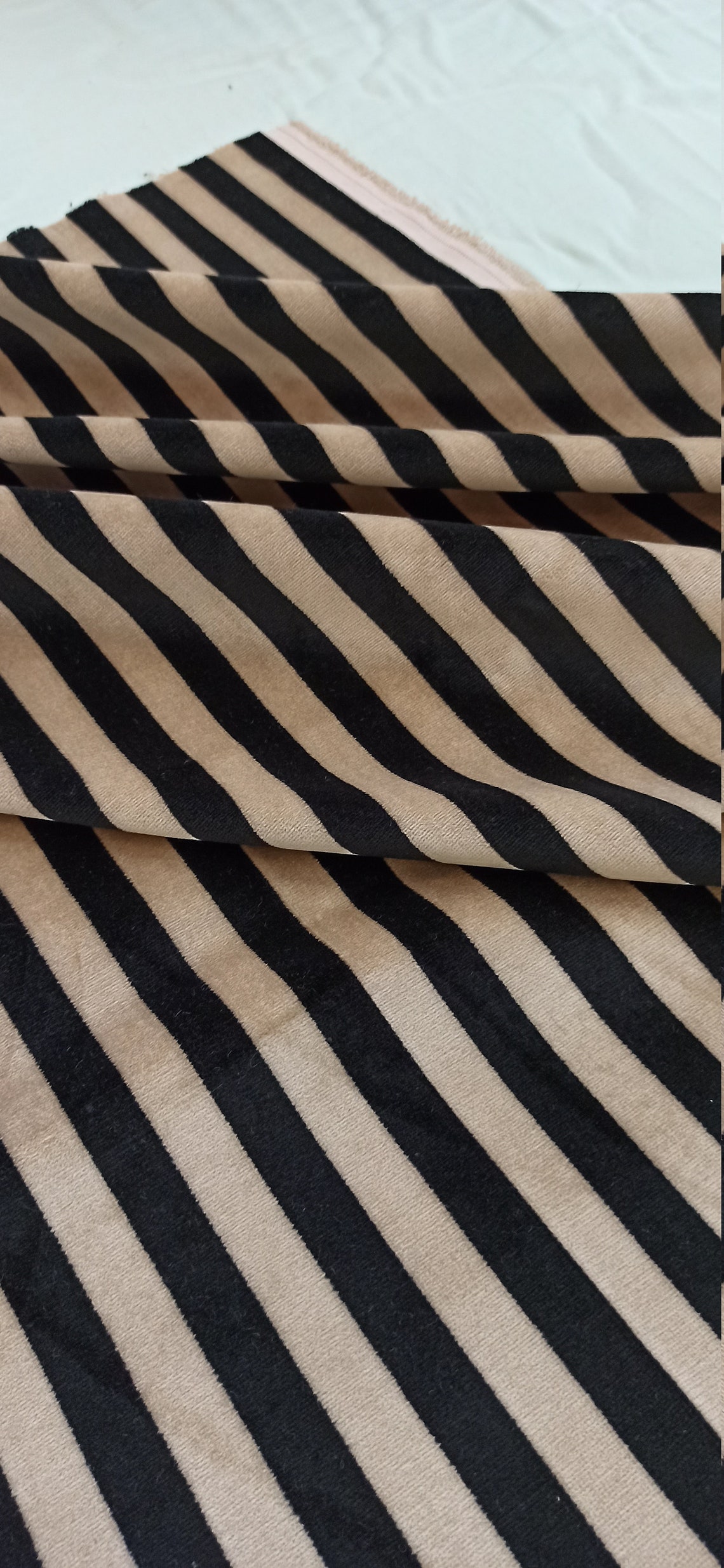 Striped Velvet Upholstery Fabric: Black Beige Furniture Fabric by the ...