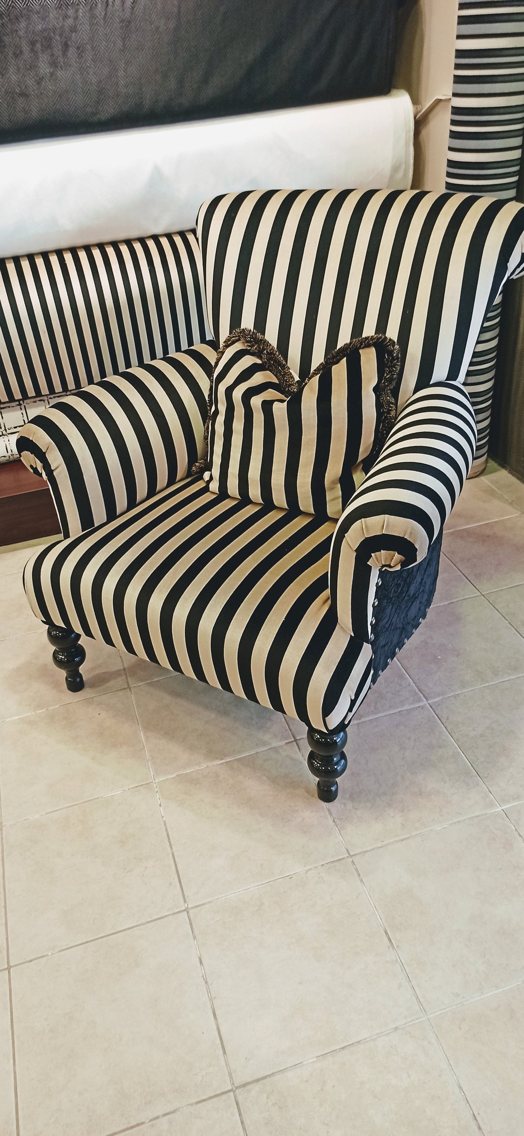 Striped Velvet Upholstery Fabric: Black Beige Furniture Fabric by the ...