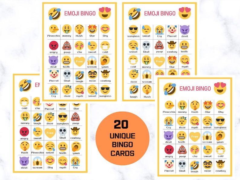 Emoji Bingo, Fun in the Emoji Bingo, 20 Printable Emoji Bingo Cards ...