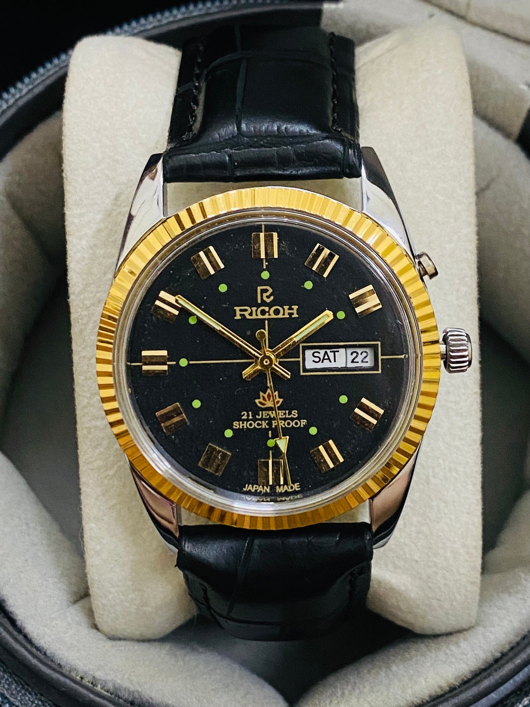 Vintage Ricoh Black Dial Mechanical Automatic Date/day 21jewels Men’s ...
