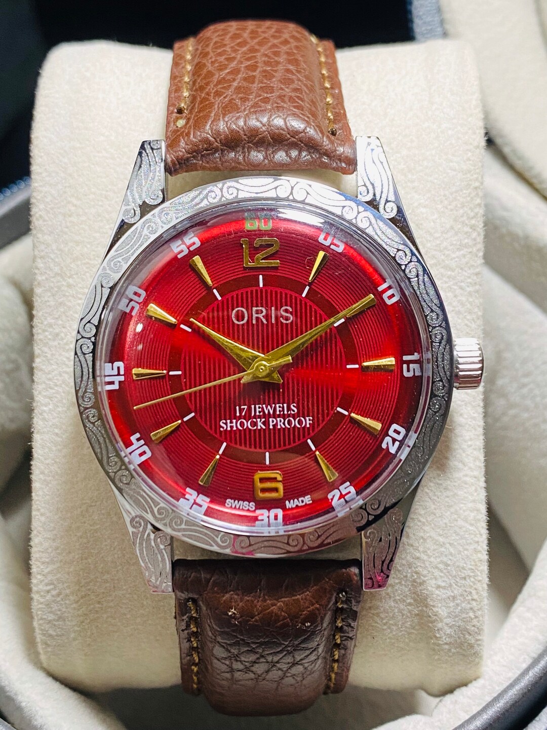 Vintage Oris Red Dial Hand Winding Watch FHF Movement ST-96 Swiss Wrist ...