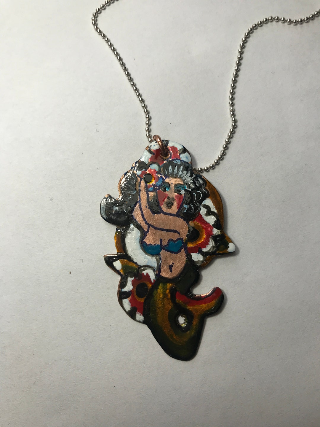 Recycled Copper Hand Painted Mermaid Tattoo Pendant - Etsy