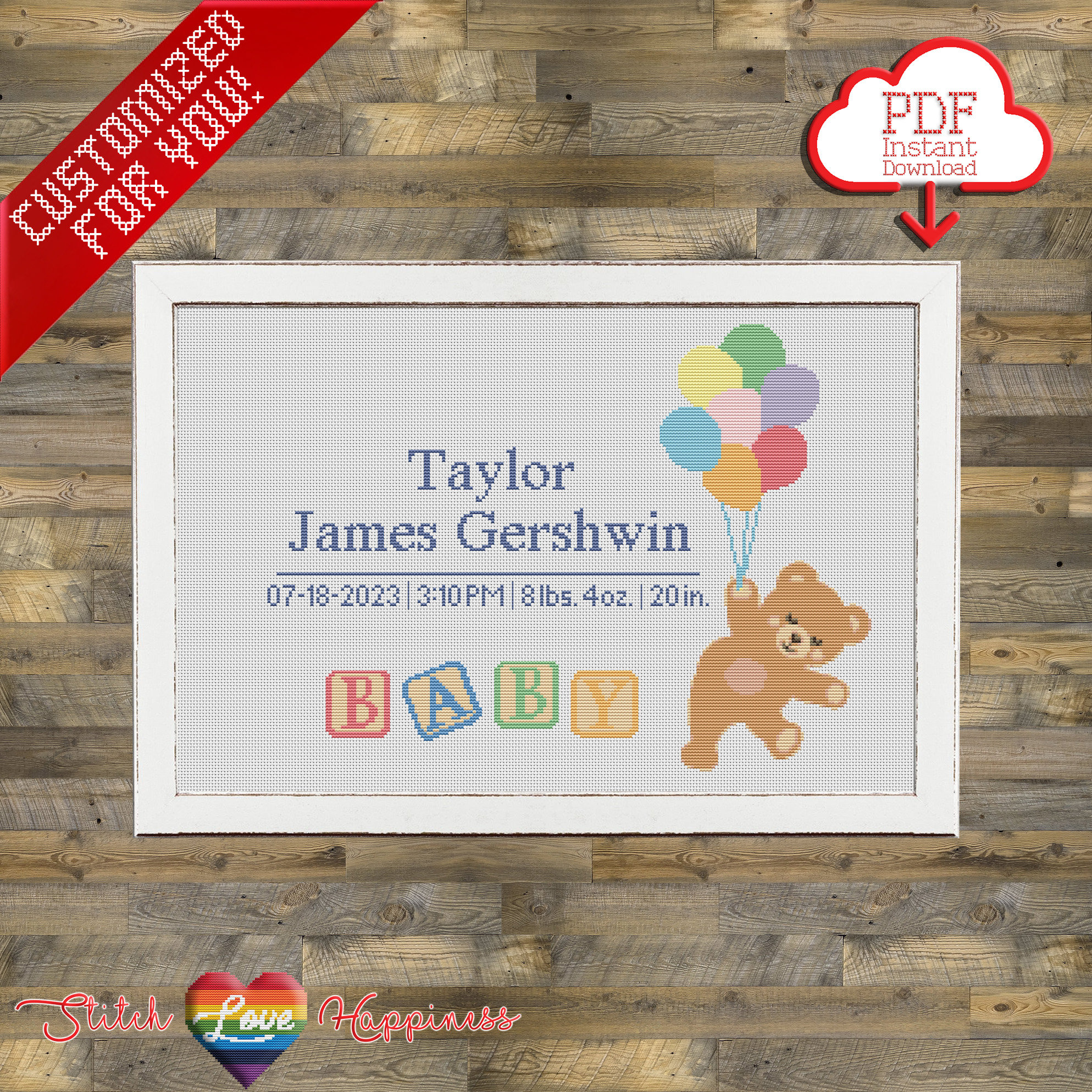 Customized Teddy Bear Baby Cross Stitch Pattern | Baby Shower Gift ...