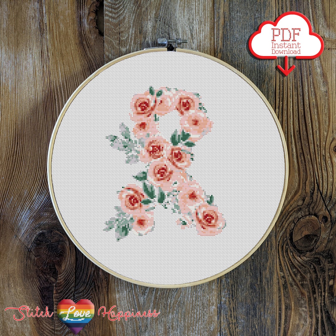 Floral Breast Cancer Ribbon Cross Stitch Pattern Cancer Survivor Rose ...